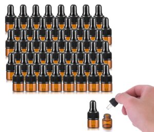 usrommaner 50 pack,1ml amber glass dropper vial for essential oils,empty glass eye dropper bottle with black screw cap,glass liquid pipette travel test sample perfume vial-transfer pipette included