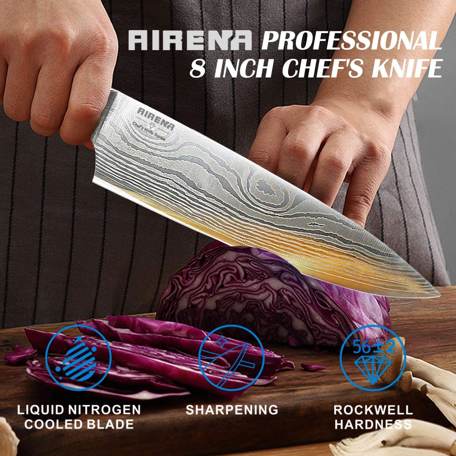 AIRENA Chef Knife - Pro Kitchen Knife 8 Inch Chefs Knife High Carbon German Stainless Steel Sharp paring Knife with Ergonomic Handle