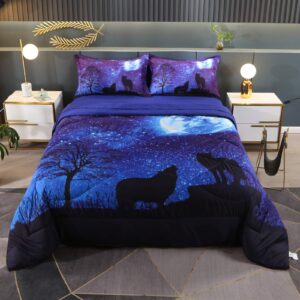 Wowelife Wolf Comforter Set Queen Galaxy Wolf Bed Set 5 Piece Blue Kids Comforter Set with Sheets Bedding Set Bed in a Bag for Adults with Comforter, Flat Sheet, Fitted Sheet and 2 Pillowcases