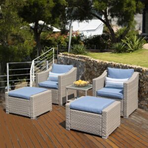 cosiest 5-piece outdoor furniture lounge set warm gray wicker sectional sofa w thick cushions, glass-top table, 2 ottomans, 2 pillows for garden, pool, backyard (blue)