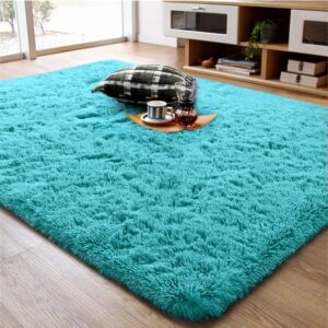 ompaa soft fluffy area rug for living room bedroom, 4x6 teal blue plush shag rugs, fuzzy shaggy accent carpets for kids girls rooms, modern apartment nursery dorm indoor furry decor