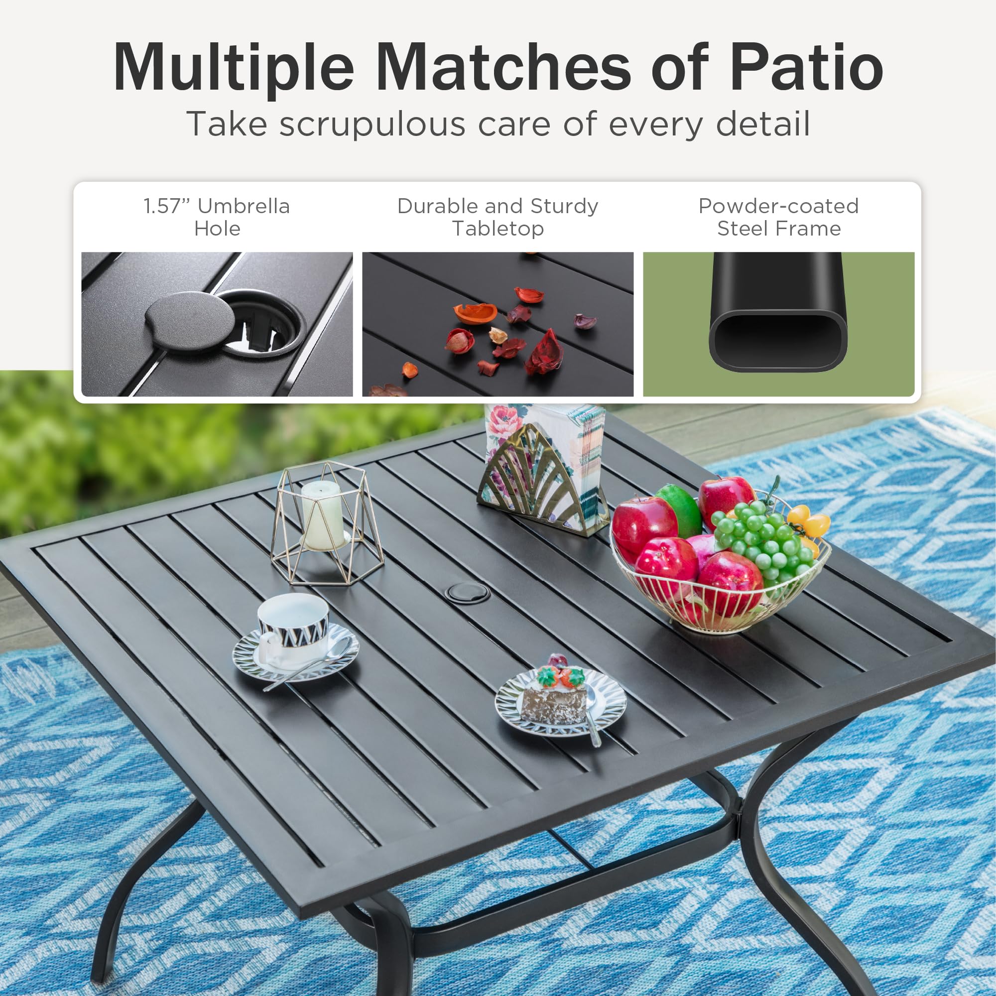 PHI VILLA 5 Pcs Patio Dining Set with Patio Table and Chairs, Outdoor Dining Set for 4 with Adjustable Patio Folding Chairs & Square Patio Dining Table with 1.57" Umbrella Hole, Black