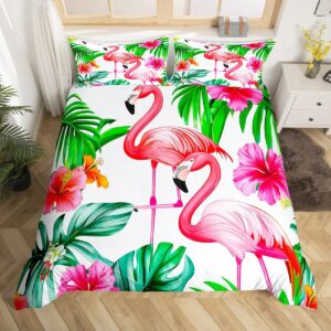 pink flamingo bedding set palm leaves printed decor duvet cover full size tropical green plants floral pattern natural theme soft comforter cover with zipper ties,1 duvet cover with 2 pillow cases