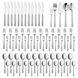 65-piece silverware set with serving pieces, e-far stainless steel hammered flatware eating utensils service for 12, modern tableware cutlery set with square edge, mirror polished, dishwasher safe