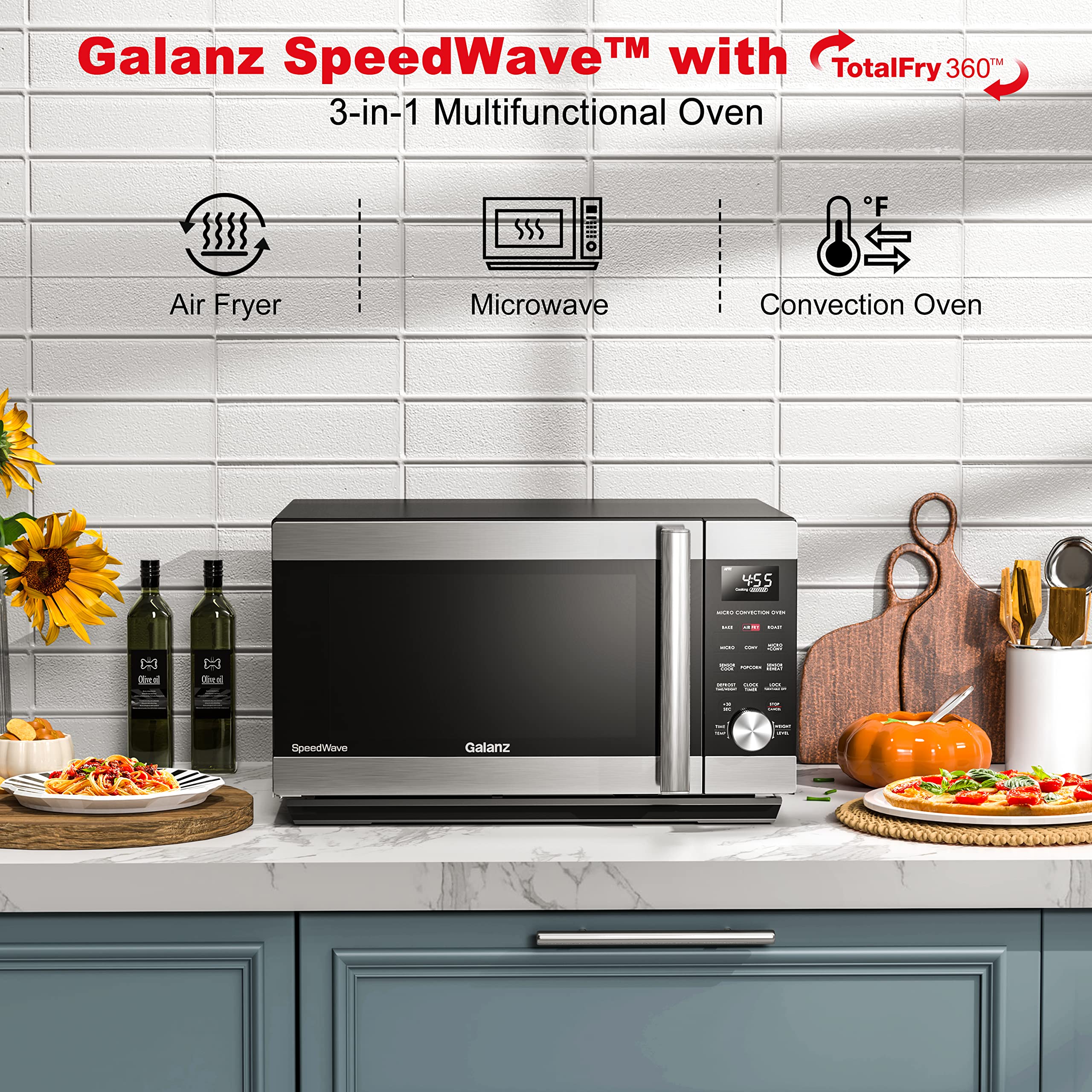 Galanz GSWWA12S1SA10 3-in-1 SpeedWave with TotalFry 360, Microwave, Air Fryer, Convection Oven with Combi-Speed Cooking, 1.2 Cu.Ft, Stainless Steel