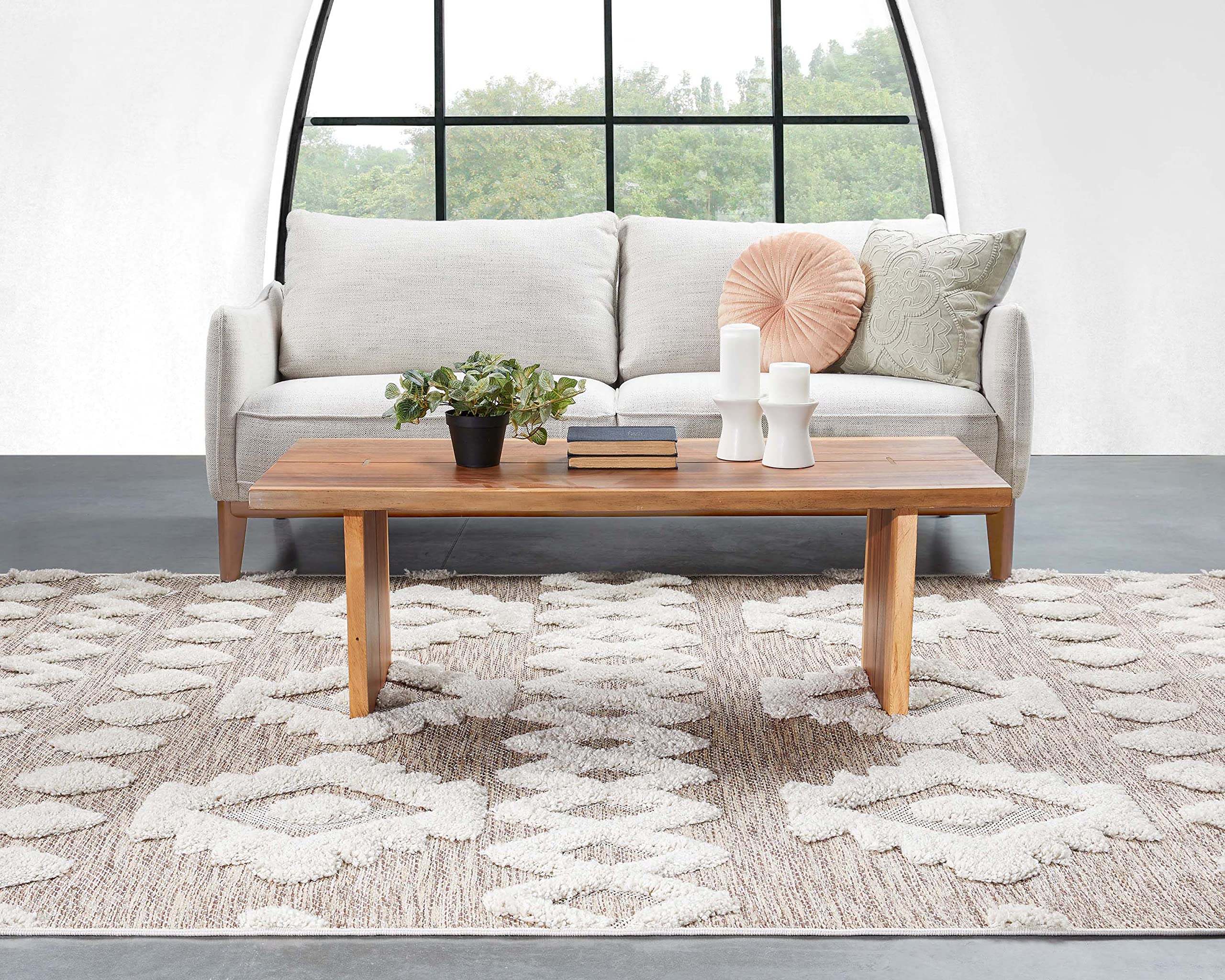 Well Woven Cenar Beige Flat-Weave Hi-Low Pile Diamond Medallion Stripes Moroccan Tribal 5'3" x 7'3" Area Rug