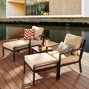 lokatse home outdoor conversation furniture sofa club chairs with ottomans and coffee side table, 5-piece patio set, beige cushions