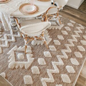 Well Woven Cenar Beige Flat-Weave Hi-Low Pile Diamond Medallion Stripes Moroccan Tribal 5'3" x 7'3" Area Rug