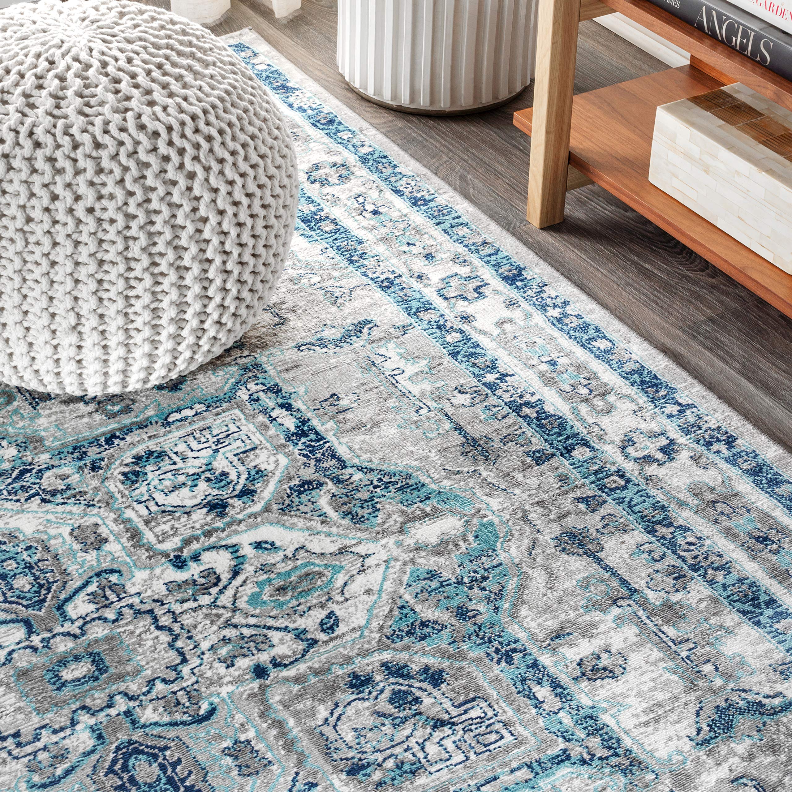 JONATHAN Y MDP106A-5SQ Modern Vintage Medallion Traditional Indoor Area-Rug Country Easy-Cleaning Bedroom Kitchen Living Room Non Shedding, 5' Square, Light Grey/Blue