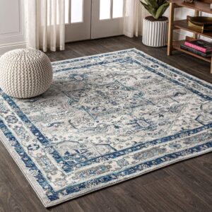 jonathan y mdp106a-5sq modern vintage medallion traditional indoor area-rug country easy-cleaning bedroom kitchen living room non shedding, 5' square, light grey/blue