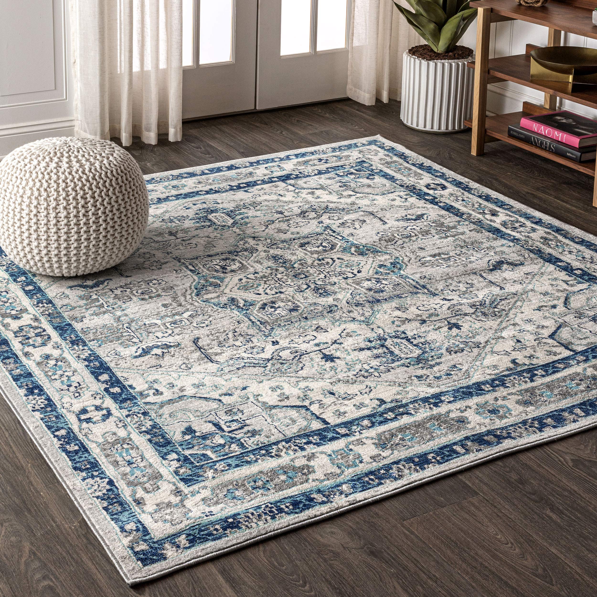 JONATHAN Y MDP106A-5SQ Modern Vintage Medallion Traditional Indoor Area-Rug Country Easy-Cleaning Bedroom Kitchen Living Room Non Shedding, 5' Square, Light Grey/Blue