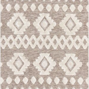 Well Woven Cenar Beige Flat-Weave Hi-Low Pile Diamond Medallion Stripes Moroccan Tribal 5'3" x 7'3" Area Rug