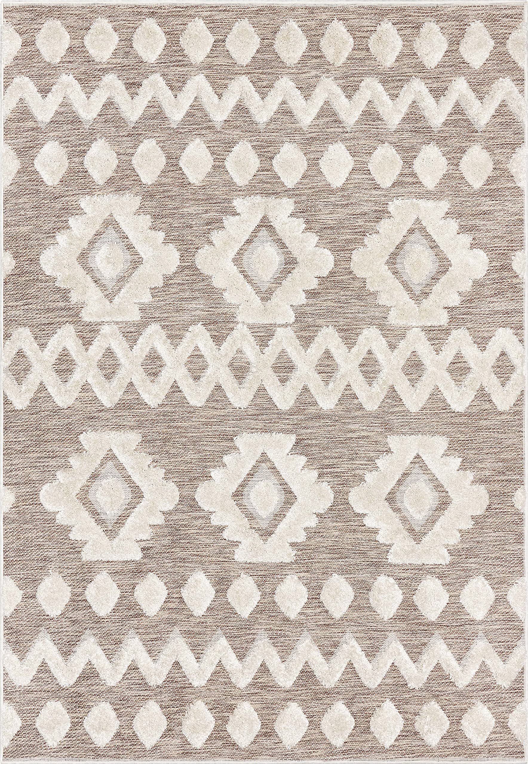 Well Woven Cenar Beige Flat-Weave Hi-Low Pile Diamond Medallion Stripes Moroccan Tribal 5'3" x 7'3" Area Rug