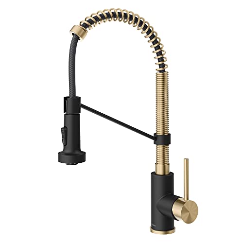 KRAUS Bolden Commercial Style 2-Function Single Handle Pull Down Kitchen Faucet in Spot-Free Antique Champagne Bronze/Matte Black, KPF-1610SFACBMB