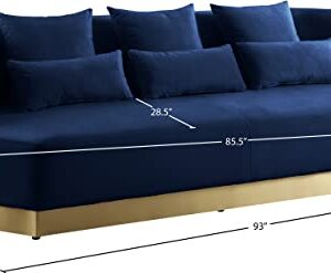 Meridian Furniture Marquis Collection Modern | Contemporary Velvet Upholstered Sofa with Stainless Steel Base in a Rich Gold Finish, 93" W x 38" D x 29" H, Navy