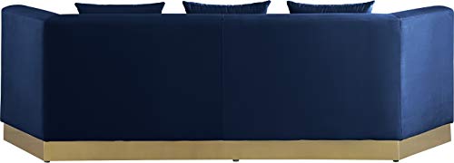 Meridian Furniture Marquis Collection Modern | Contemporary Velvet Upholstered Sofa with Stainless Steel Base in a Rich Gold Finish, 93" W x 38" D x 29" H, Navy