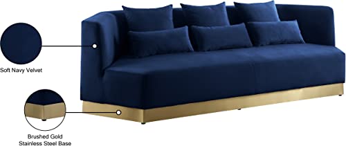 Meridian Furniture Marquis Collection Modern | Contemporary Velvet Upholstered Sofa with Stainless Steel Base in a Rich Gold Finish, 93" W x 38" D x 29" H, Navy