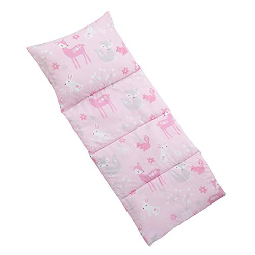 Everything Kids Pink, Rose, Grey & White Fox Deluxe Easy Fold Nap Mat, Pink, Green, Rose, White