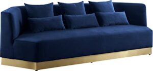 meridian furniture marquis collection modern | contemporary velvet upholstered sofa with stainless steel base in a rich gold finish, 93" w x 38" d x 29" h, navy