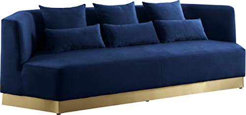 Meridian Furniture Marquis Collection Modern | Contemporary Velvet Upholstered Sofa with Stainless Steel Base in a Rich Gold Finish, 93" W x 38" D x 29" H, Navy