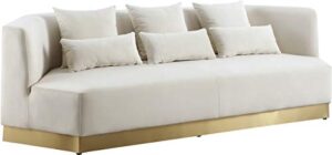 meridian furniture marquis collection modern | contemporary velvet upholstered sofa with stainless steel base in a rich gold finish, 93" w x 38" d x 29" h, cream