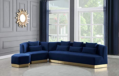 Meridian Furniture Marquis Collection Modern | Contemporary Velvet Upholstered Sofa with Stainless Steel Base in a Rich Gold Finish, 93" W x 38" D x 29" H, Navy