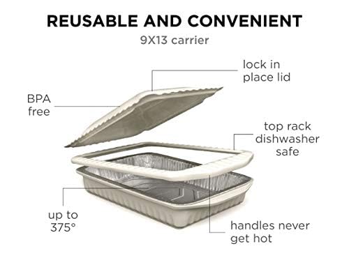 Foil Decor Foil Pan Holder with Lid, 9x13x2 Foil Pan Carrier w/Heat Resistant Handles, Foil Pan Supporter w/Lid, Includes 1 Foil Pan, Made in the USA Travel Serving Dish - White