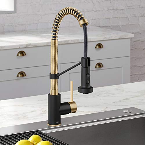 KRAUS Bolden Commercial Style 2-Function Single Handle Pull Down Kitchen Faucet in Spot-Free Antique Champagne Bronze/Matte Black, KPF-1610SFACBMB