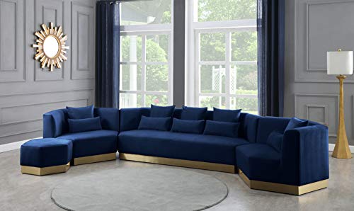 Meridian Furniture Marquis Collection Modern | Contemporary Velvet Upholstered Sofa with Stainless Steel Base in a Rich Gold Finish, 93" W x 38" D x 29" H, Navy