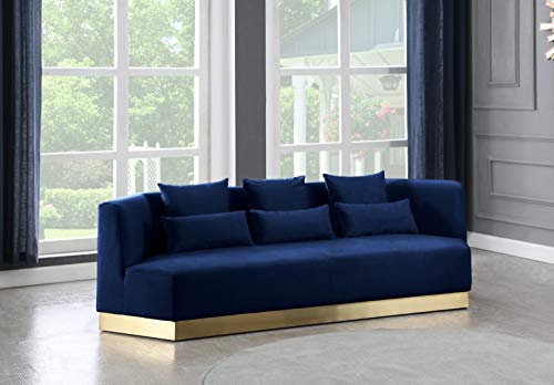 Meridian Furniture Marquis Collection Modern | Contemporary Velvet Upholstered Sofa with Stainless Steel Base in a Rich Gold Finish, 93" W x 38" D x 29" H, Navy