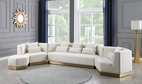 Meridian Furniture Marquis Collection Modern | Contemporary Velvet Upholstered Sofa with Stainless Steel Base in a Rich Gold Finish, 93" W x 38" D x 29" H, Cream