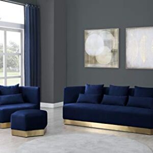 Meridian Furniture Marquis Collection Modern | Contemporary Velvet Upholstered Sofa with Stainless Steel Base in a Rich Gold Finish, 93" W x 38" D x 29" H, Navy