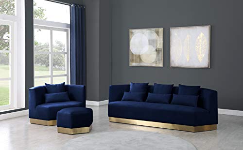 Meridian Furniture Marquis Collection Modern | Contemporary Velvet Upholstered Sofa with Stainless Steel Base in a Rich Gold Finish, 93" W x 38" D x 29" H, Navy