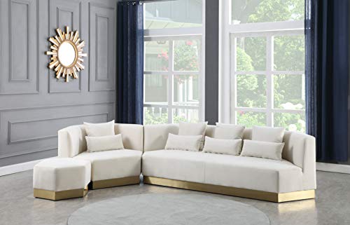 Meridian Furniture Marquis Collection Modern | Contemporary Velvet Upholstered Sofa with Stainless Steel Base in a Rich Gold Finish, 93" W x 38" D x 29" H, Cream