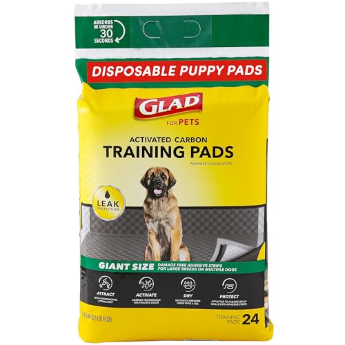 Glad for Pets Activated Carbon Dog Training Pads - Super Absorbent and Leak Proof Dog Pee Pads Extra Large, Indoor Potty Pads with Adhesive Strips, XL Puppy Pad Giant Size, 30" x 36", 24 Count