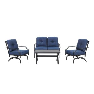 festival depot 4 pc patio conversation set metal armchairs loveseat and coffee table with thick cushions outdoor furniture for garden deck bistro (blue)