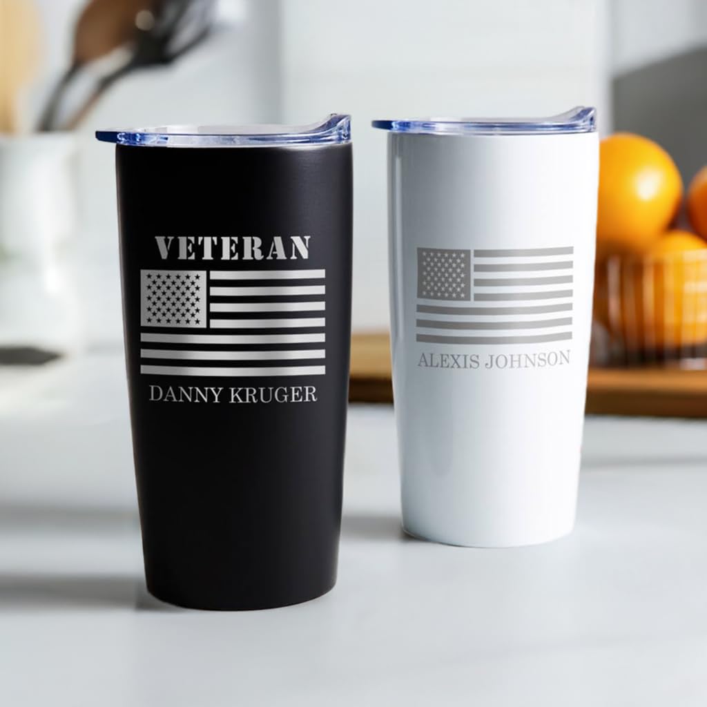 Lifetime Creations Engraved Personalized Veteran Tumbler 20 oz (Black) with American Flag - Custom Veteran Gift for Veterans Day Event, Insulated Stainless Steel Coffee Travel Mug