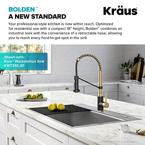 KRAUS Bolden Commercial Style 2-Function Single Handle Pull Down Kitchen Faucet in Spot-Free Antique Champagne Bronze/Matte Black, KPF-1610SFACBMB