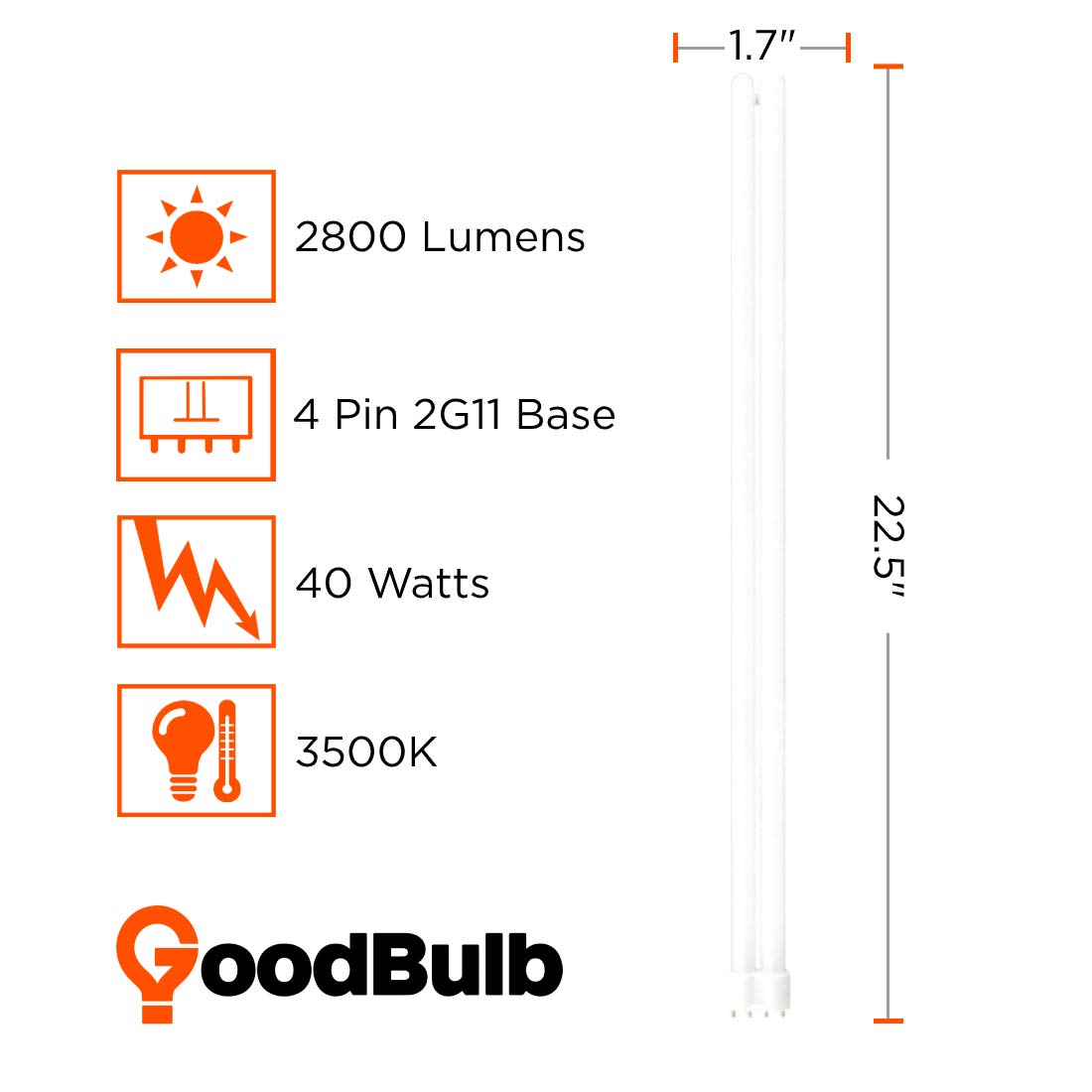 GoodBulb PLL40/835 | 40W 22.5" Twin Tube Compact Fluorescent Light Bulb | 4-pin 2G11 Base 3500K Neutral White 2800 Lumen | 12000 Hour Long Life Biax | Pack of 10