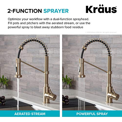 KRAUS Bolden Commercial Style 2-Function Single Handle Pull Down Kitchen Faucet in Spot-Free Antique Champagne Bronze/Matte Black, KPF-1610SFACBMB