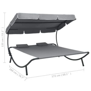 vidaXL Outdoor Double Chaise Lounge, Patio Lounge Bed with Canopy and Pillows, Outdoor Daybed Lounge Chair for Backyard Pool Lawn, Gray