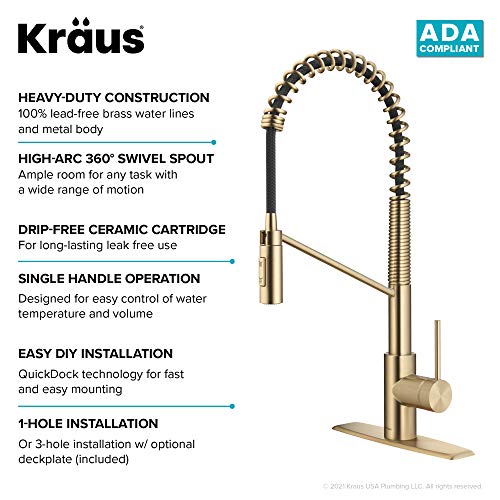 KRAUS Oletto Commercial Style Single Handle Pull Down Kitchen Faucet with QuickDock Top Mount Installation Assembly in Spot Free Antique Champagne Bronze, KPF-2631SFACB