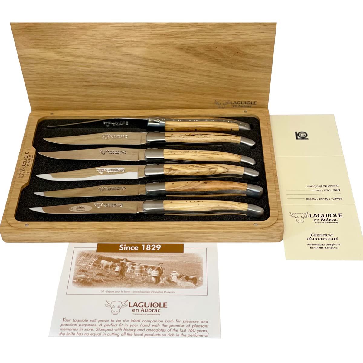 Laguiole en Aubrac Luxury Fully Forged Full Tang Stainless Steel Steak Knives 6-Piece Set with Olivewood Handle, Stainless Steel Matte Bolsters