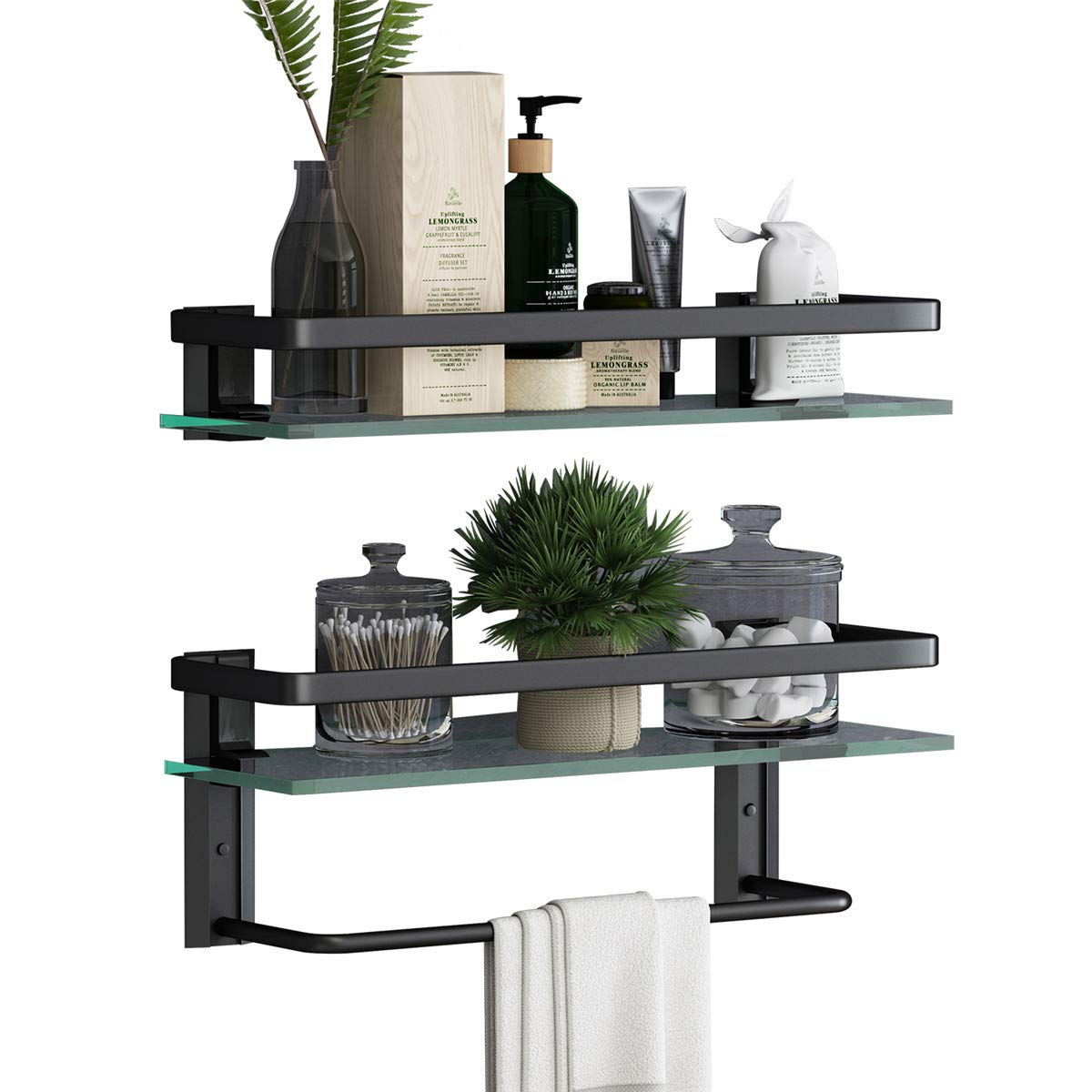 VOLPONE Glass Bathroom Shelf with Towel Bar 15.7in Bathroom Wall Shelves Rustproof Metal Bathroom Wall Organizer 2-Tier (Black)