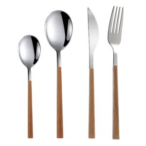 eorta set of 4 flatware stainless steel fork/spoon/knife/teaspoon with simulated wooden handle cutlery dinnerware for home, kitchen, restaurant, gift