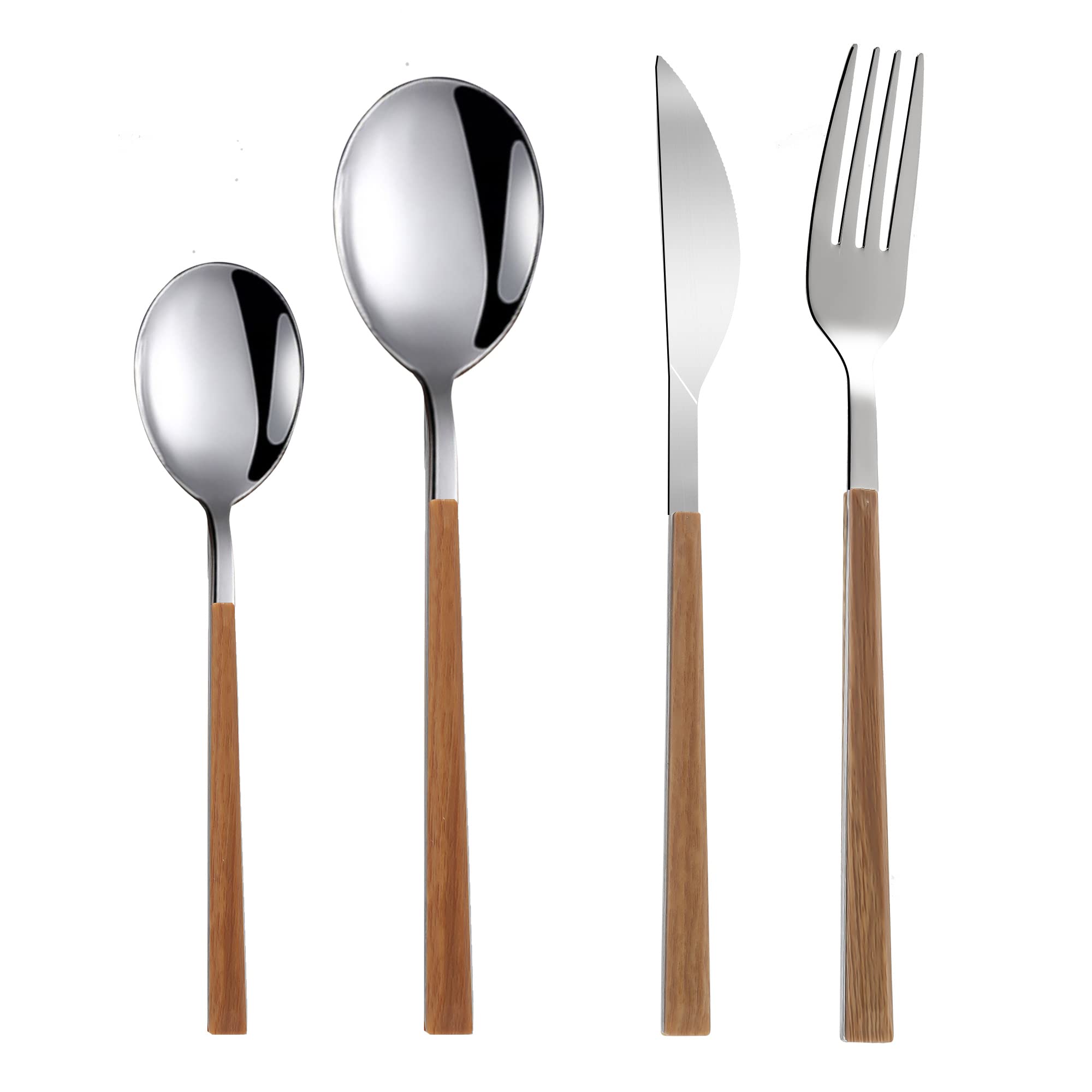 EORTA Set of 4 Flatware Stainless Steel Fork/Spoon/Knife/Teaspoon with Simulated Wooden Handle Cutlery Dinnerware for Home, Kitchen, Restaurant, Gift