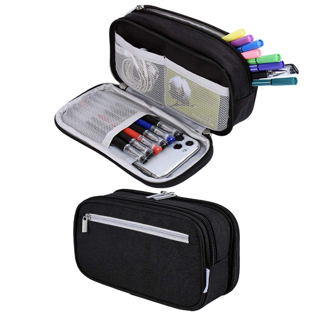 Chelory Big Pencil Case Large Capacity Pencil Bag Pouch 3 Multi Comparments High Storage Pen Holder Marker Holder Portable Office Stationery Organizer Supplies Makeup Cosmetic Bag Men Women (Black)