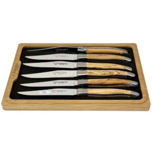 laguiole en aubrac luxury fully forged full tang stainless steel steak knives 6-piece set with olivewood handle, stainless steel matte bolsters