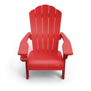 keter outdoor patio garden deck furniture resin adirondack chair with built-in cup holder (red)