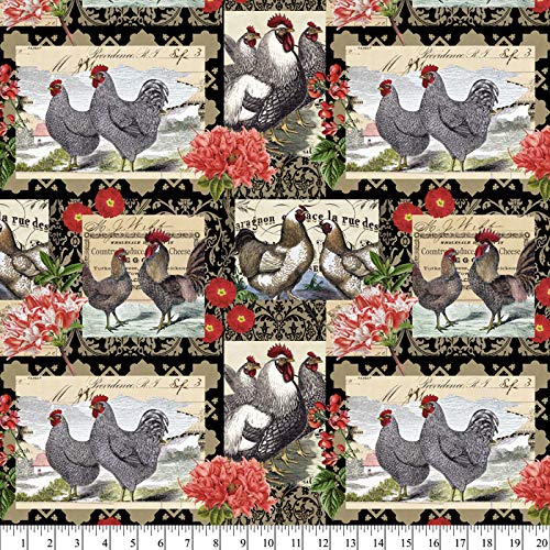 Farm Roosters Cotton Fabric by The Yard, Precut 1 Yard Pieces